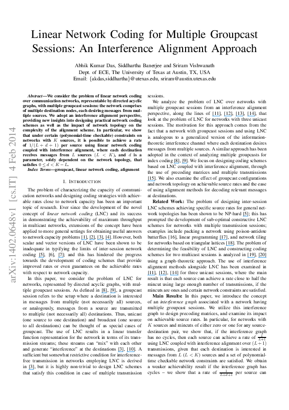Pdf Linear Network Coding For Multiple Groupcast Sessions An