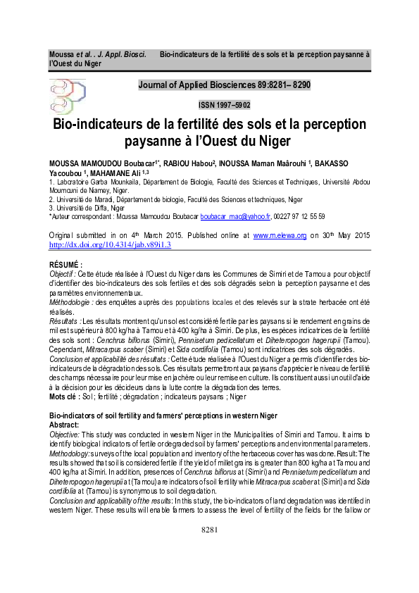 (PDF) Bio-indicateurs de la fertilité des sols et la perception ...