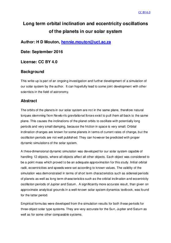 Pdf Orbital Inclination And Eccentricity Oscillations In Our Solar System Hennie Mouton
