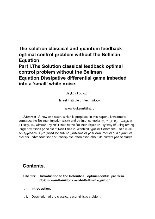 (PDF) The solution classical and quantum feedback optimal control problem without the Bellman ...