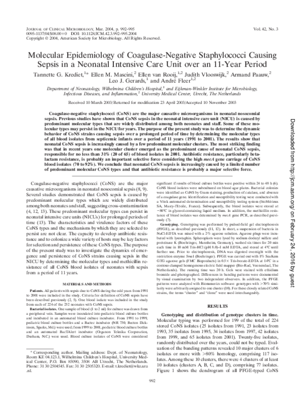 (PDF) Molecular Epidemiology of Coagulase-Negative Staphylococci Causing Sepsis in a Neonatal ...