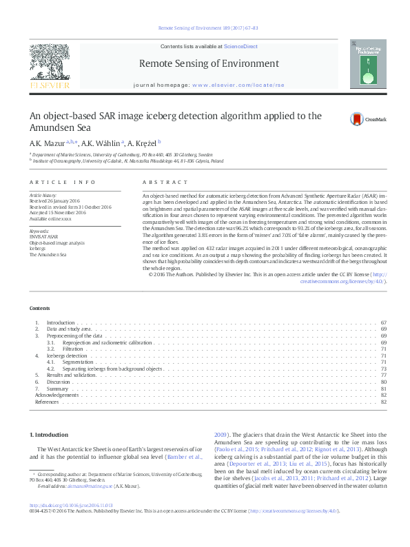 Pdf An Object Based Sar Image Iceberg Detection Algorithm Applied To 2132