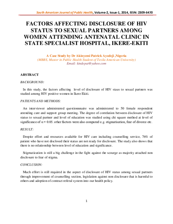 (PDF) FACTORS AFFECTING DISCLOSURE OF HIV STATUS TO SEXUAL PARTNERS ...