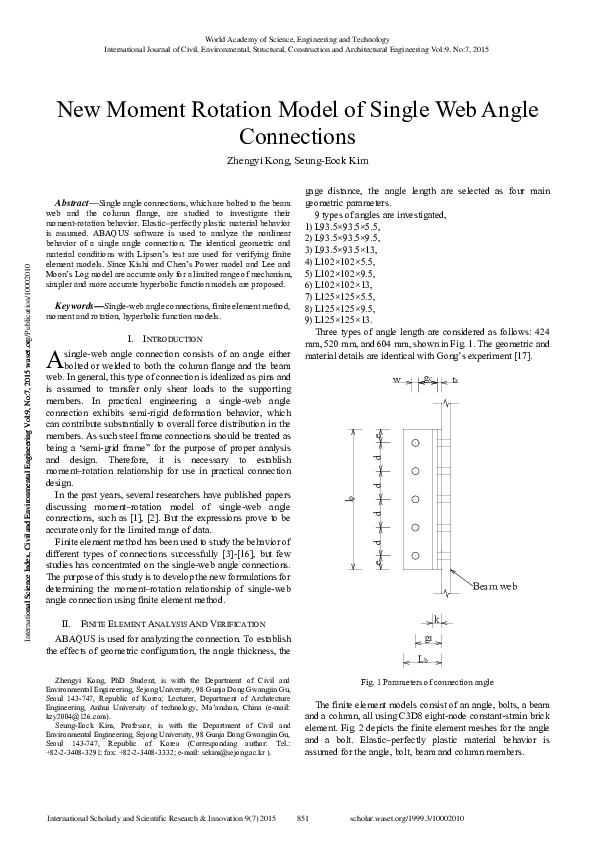 (PDF) New Moment Rotation Model of Single Web Angle Connections
