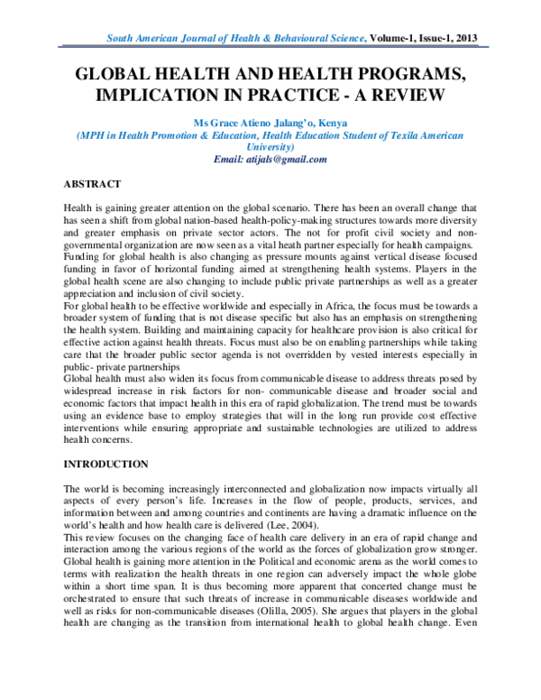 (PDF) GLOBAL HEALTH AND HEALTH PROGRAMS, IMPLICATION IN PRACTICE -A REVIEW