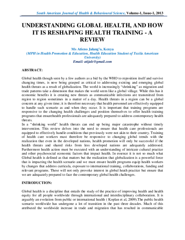(PDF) UNDERSTANDING GLOBAL HEALTH, AND HOW IT IS RESHAPING HEALTH ...