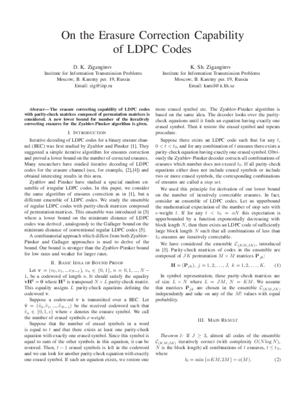 Pdf On The Erasure Correction Capability Of Ldpc Codes Dmitri Zigangirov 