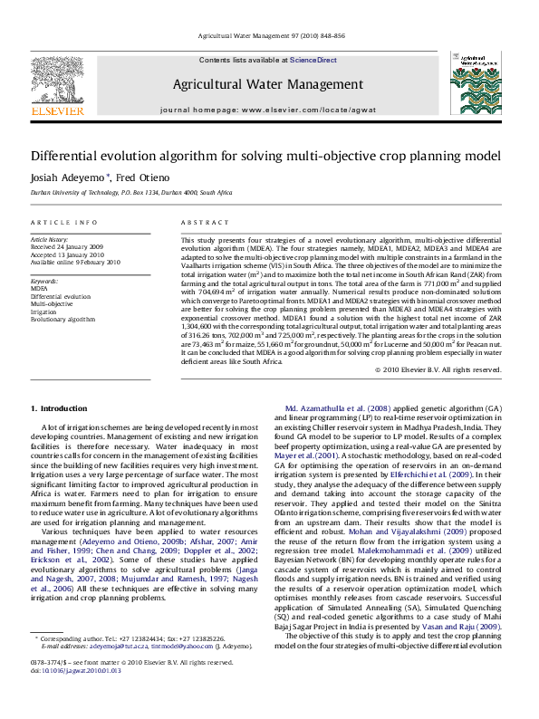 (PDF) Differential evolution algorithm for solving multi-objective crop ... (PDF) Differential evolution algorithm for solving multi-objective crop ...