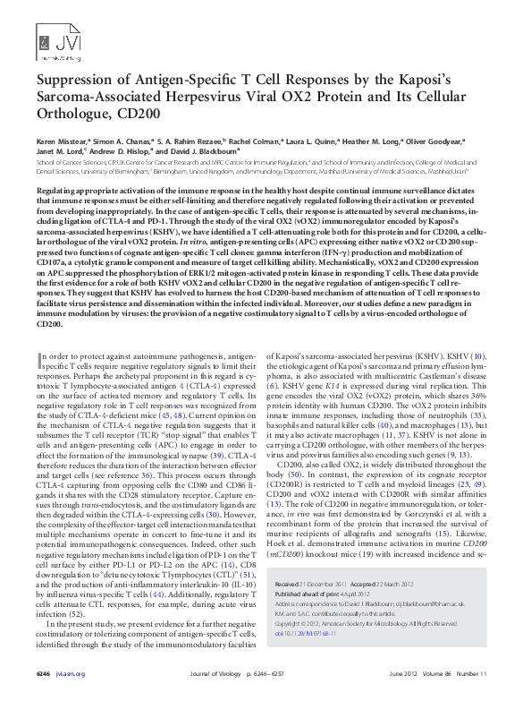 (PDF) Suppression of Antigen-Specific T Cell Responses by the Kaposi's Sarcoma-Associated ...