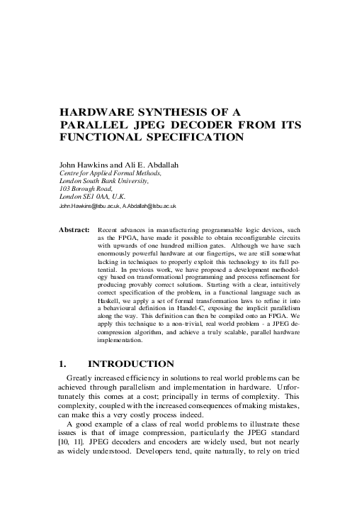 Pdf Hardware Synthesis Of A Parallel Jpeg Decoder From Its Functional Specification