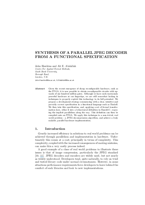 Pdf Synthesis Of A Parallel Jpeg Decoder From A Functional Specification