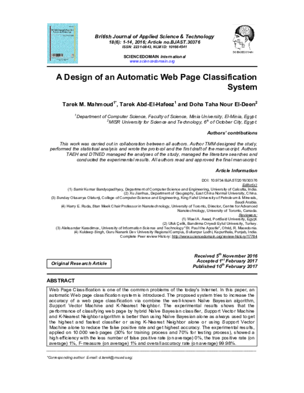 (PDF) A Design of an Automatic Web Page Classification System