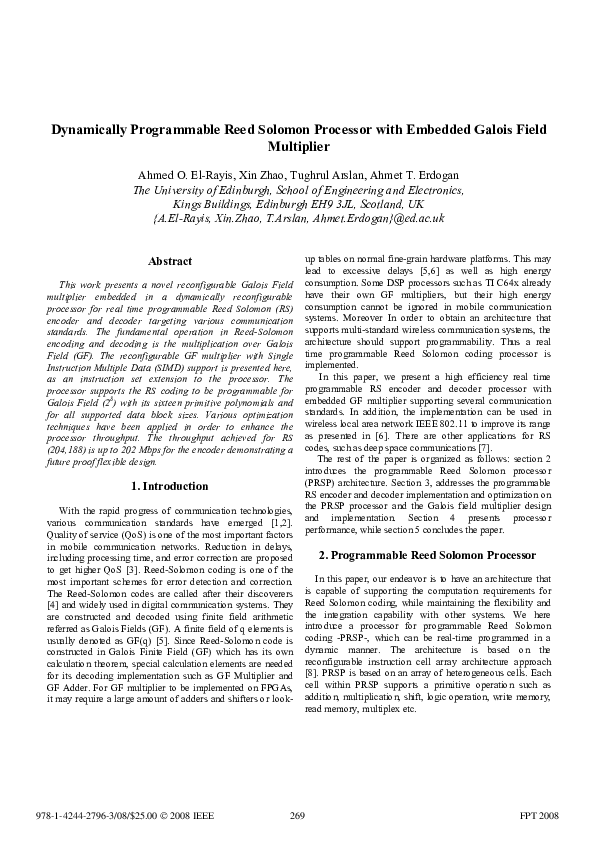(PDF) Dynamically programmable Reed Solomon processor with embedded Galois Field multiplier