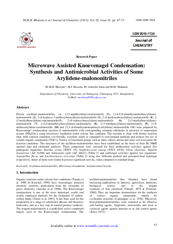 (PDF) . Microwave Assisted Knoevenagel Condensation Synthesis and Antimicrobial Activities of ...