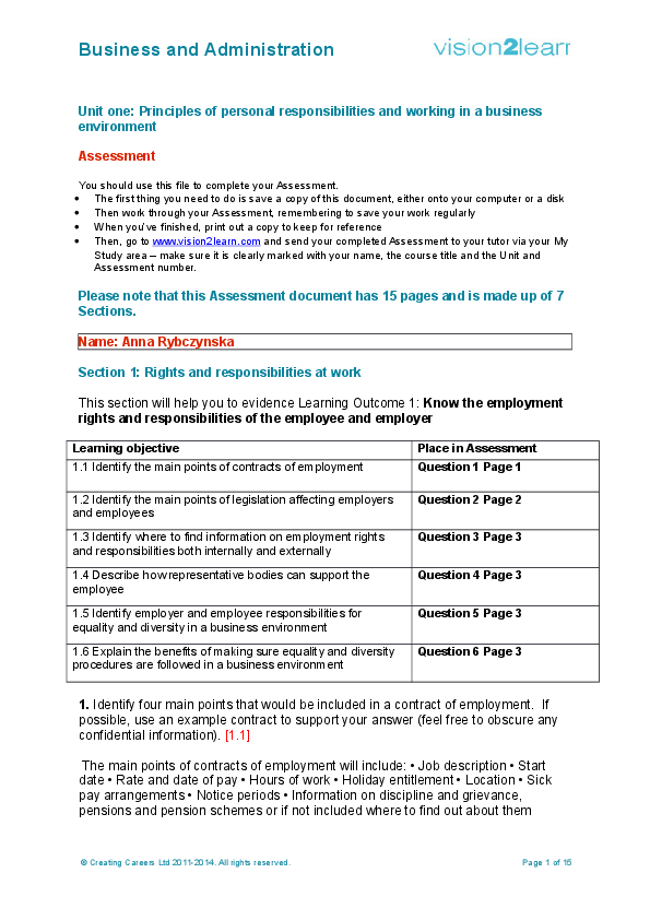 (DOC) Unit one: Principles of personal responsibilities and working in ...