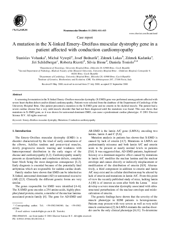 (PDF) A mutation in the X-linked Emery–Dreifuss muscular dystrophy gene ...