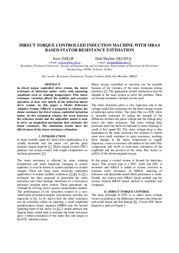 (PDF) Direct Torque Controlled Induction Machine with MRAS Based Stator Resistance Estimation
