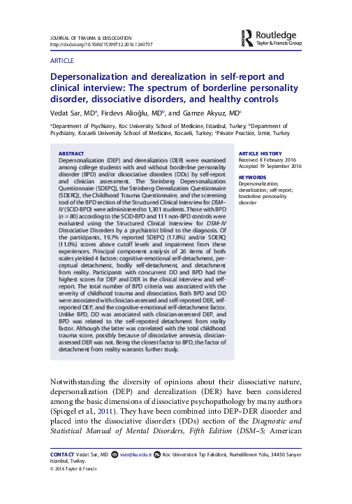 (PDF) Depersonalization and derealization in self-report and clinical ...