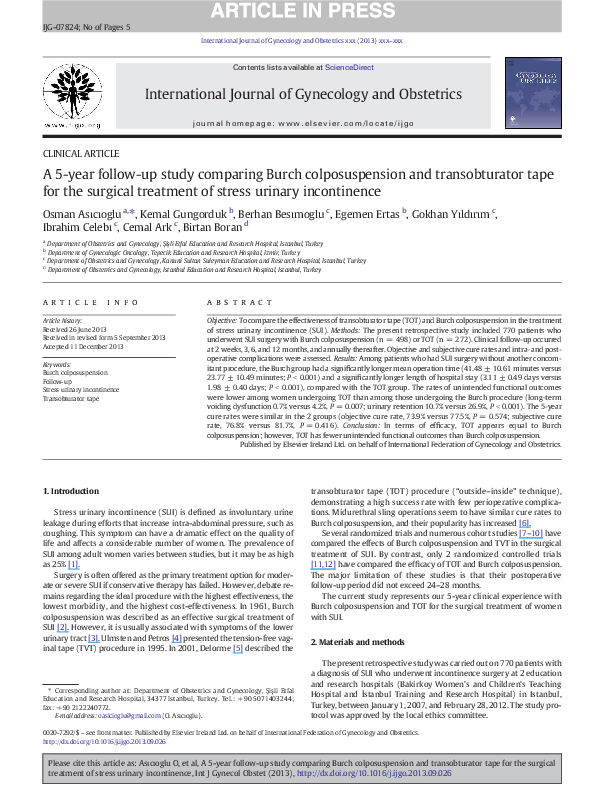 (PDF) A 5-year follow-up study comparing Burch colposuspension and ...