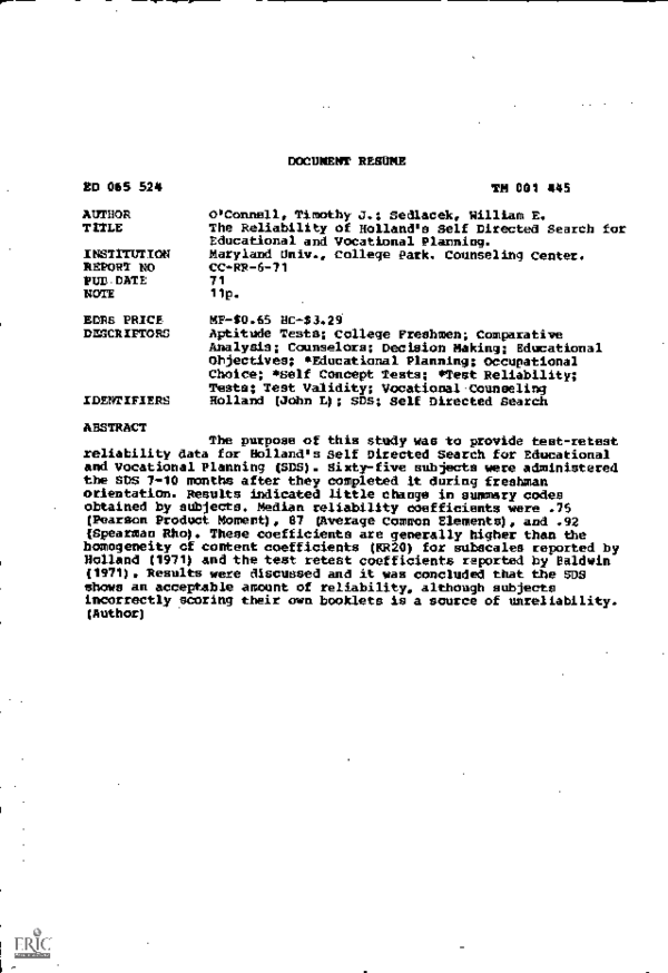 (PDF) The Reliability of Holland's Self Directed Search for Educational ...