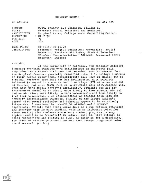 Pdf Freshman Sexual Attitudes And Behavior William Sedlacek