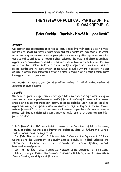 (PDF) THE SYSTEM OF POLITICAL PARTIES OF THE SLOVAK REPUBLIC Peter ...