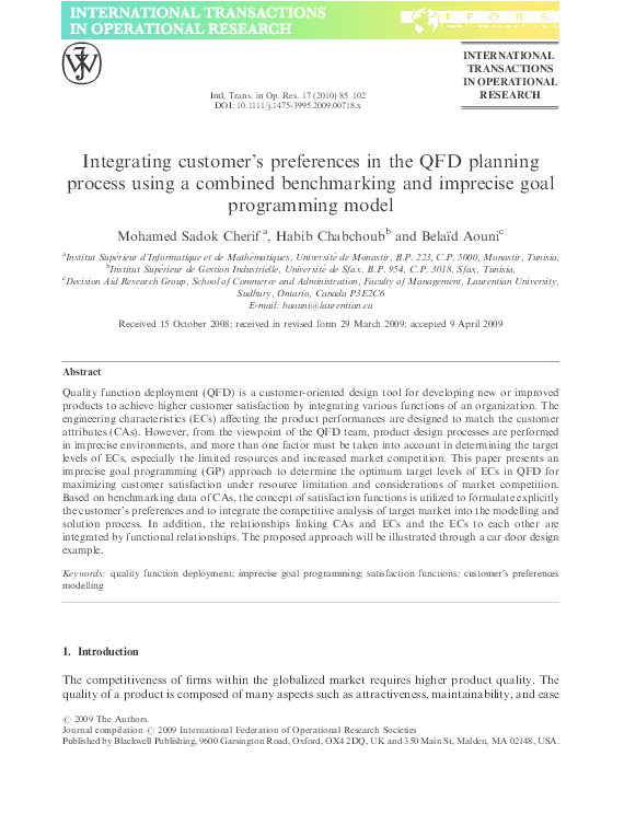 (PDF) Integrating customer's preferences in the QFD planning process using a combined ...