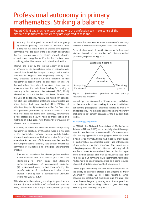 (PDF) Professional autonomy in primary mathematics: striking a balance