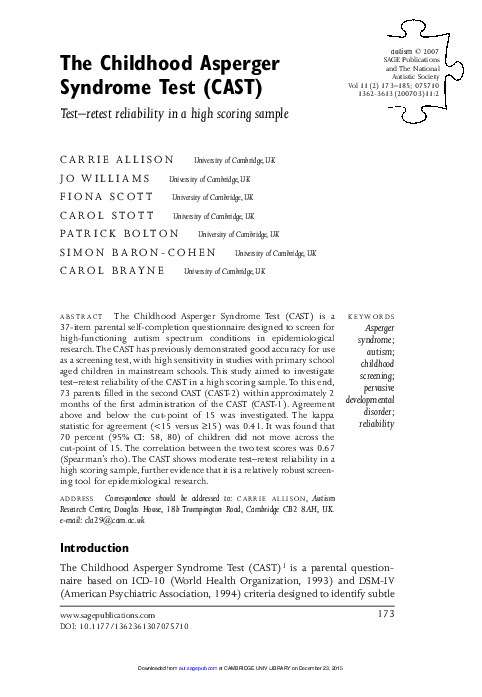 (PDF) The Childhood Asperger Syndrome Test (CAST): Test-retest ...