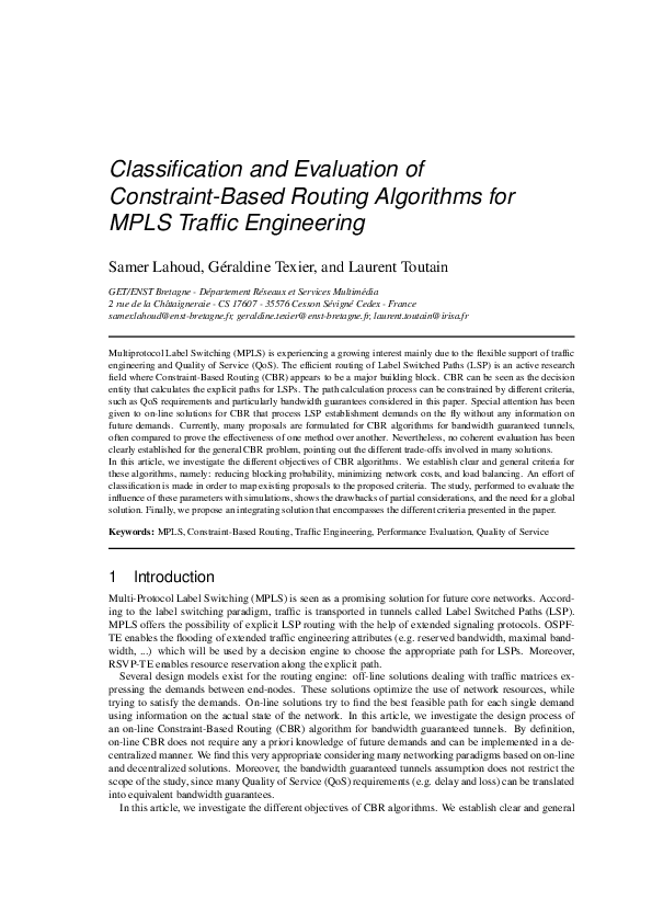 (PDF) Classification and Evaluation of Constraint-Based Routing Algorithms for MPLS Traffic ...