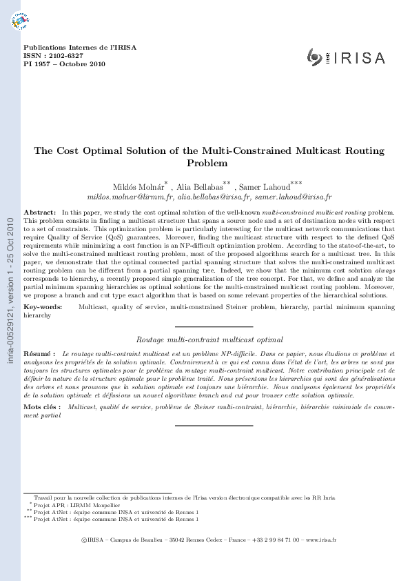 Pdf The Cost Optimal Solution Of The Multi Constrained Multicast Routing Problem