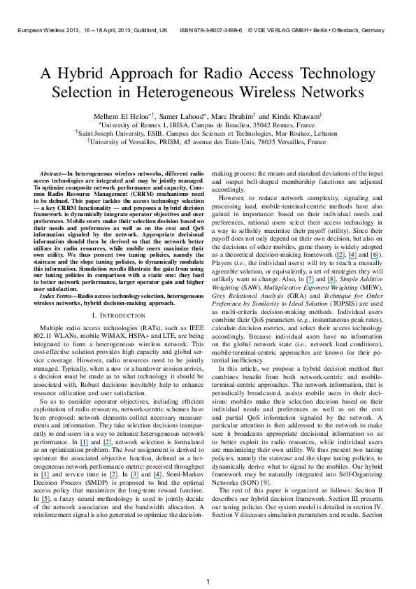 (PDF) A Hybrid Approach for Radio Access Technology Selection in Heterogeneous Wireless Networks