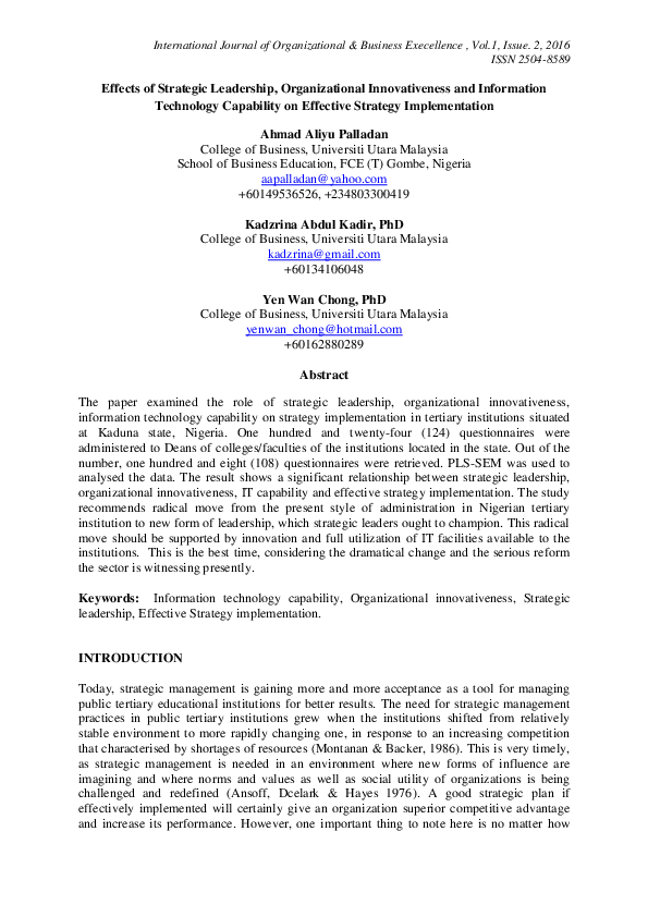 Pdf Effects Of Strategic Leadership Organizational Innovativeness
