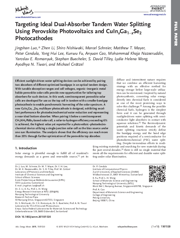 (PDF) Targeting Ideal Dual-Absorber Tandem Water Splitting Using ...