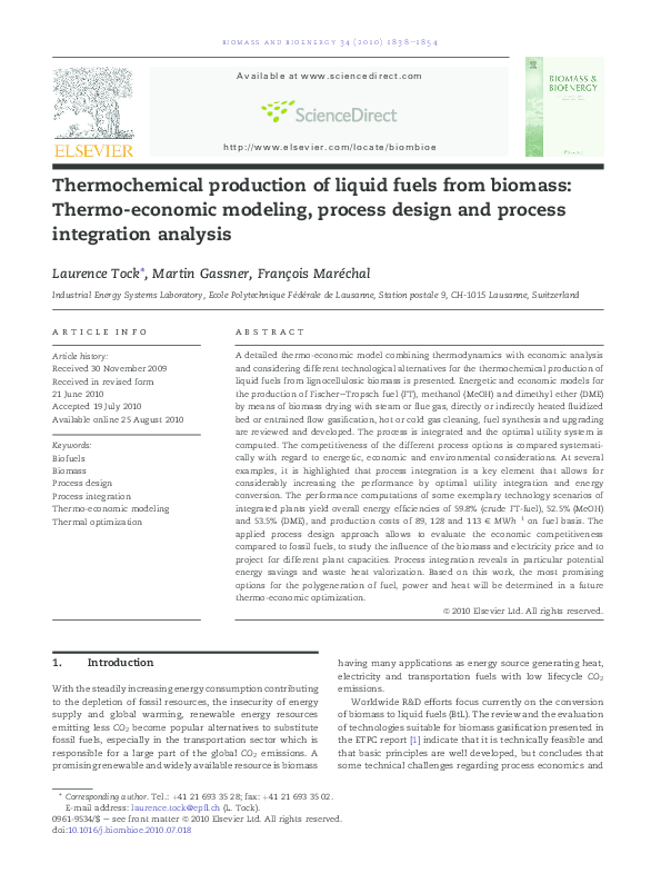 (PDF) Thermochemical production of liquid fuels from biomass: Thermo ...
