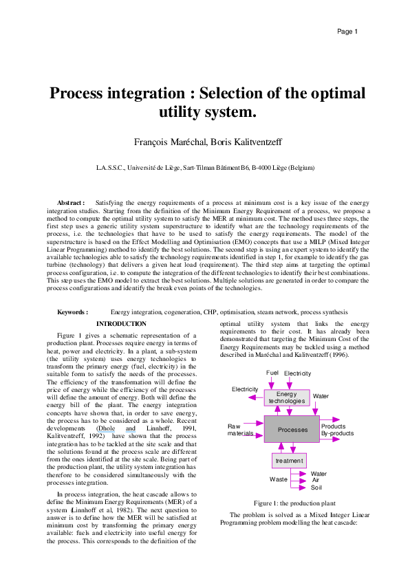 (PDF) Process integration: Selection of the optimal utility system