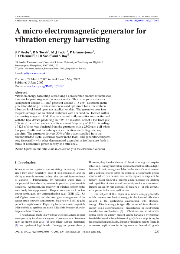 (PDF) A micro electromagnetic generator for vibration energy harvesting