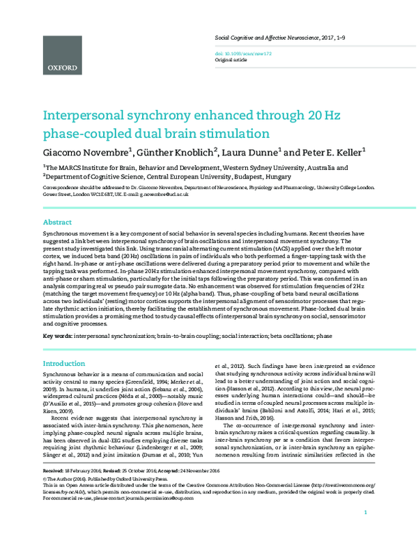 (PDF) Interpersonal synchrony enhanced through 20 Hz phase-coupled dual ...