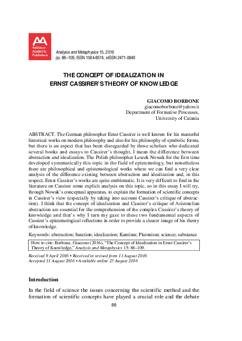 (PDF) THE CONCEPT OF IDEALIZATION IN ERNST CASSIRER'S THEORY OF KNOWLEDGE