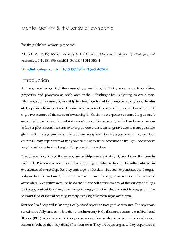 (PDF) Mental activity and the sense of ownership