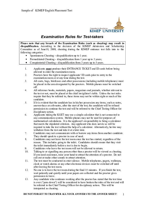 (DOC) Examination Rules for Test-takers