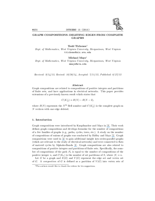 Pdf Graph Compositions Deleting Edges From Complete Graphs M Mays And Todd Tichenor