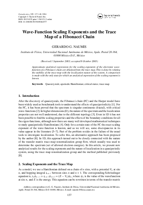 Pdf Wave Function Scaling Exponents And The Trace Map Of A Fibonacci