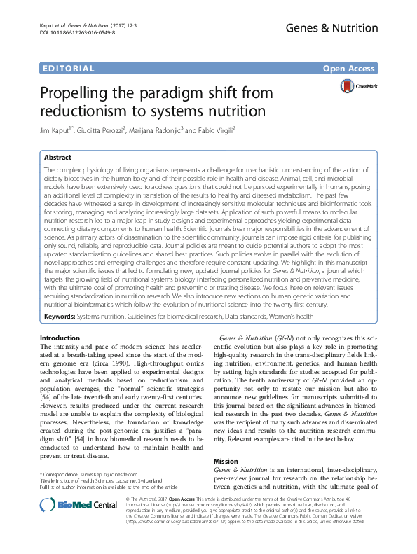 (PDF) Propelling the paradigm shift from reductionism to systems nutrition