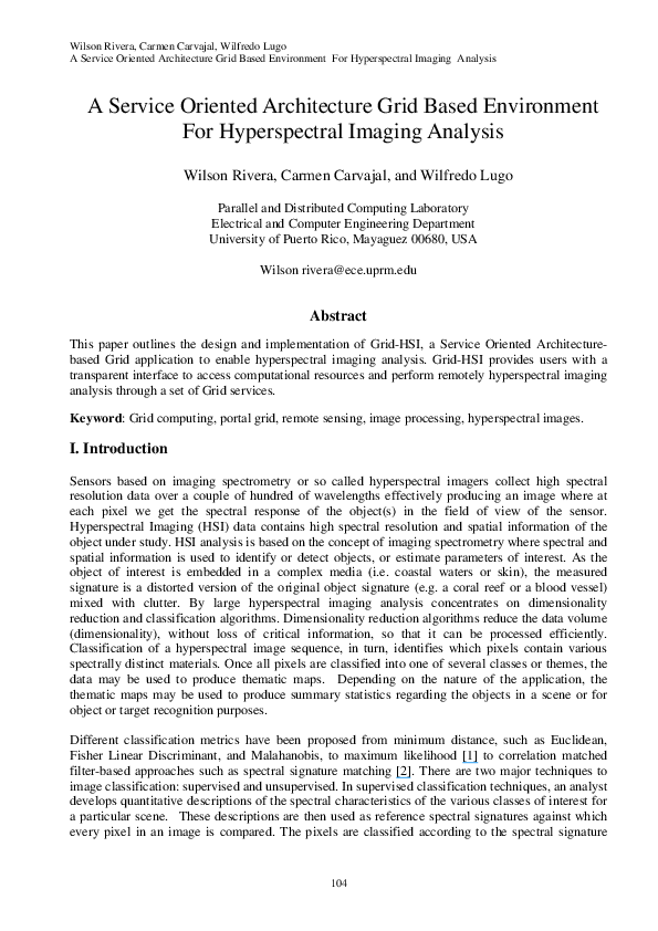 (PDF) A Service Oriented Architecture Grid Based Environment For Hyperspectral Imaging Analysis