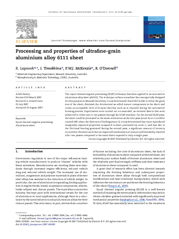 (PDF) Processing and properties of ultrafine-grain aluminium alloy 6111 sheet