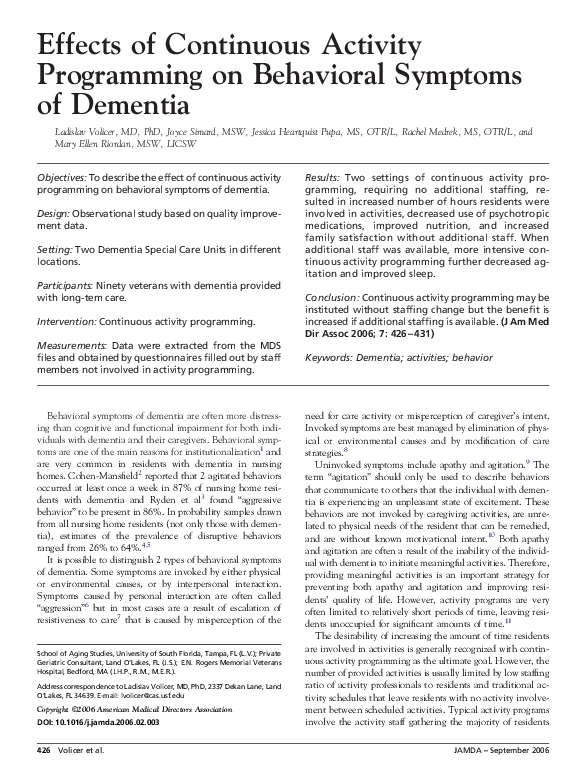 (PDF) Effects of Continuous Activity Programming on Behavioral Symptoms ...