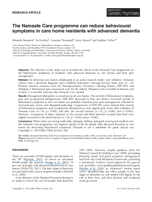 (PDF) The Namaste Care programme can reduce behavioural symptoms in ...