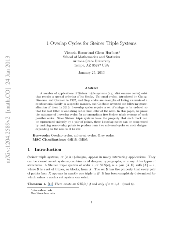 (PDF) 1-Overlap cycles for Steiner triple systems | Glenn Hurlbert ...