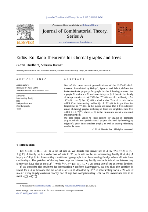 (PDF) Erdős–Ko–Rado theorems for chordal graphs and trees | Glenn ...